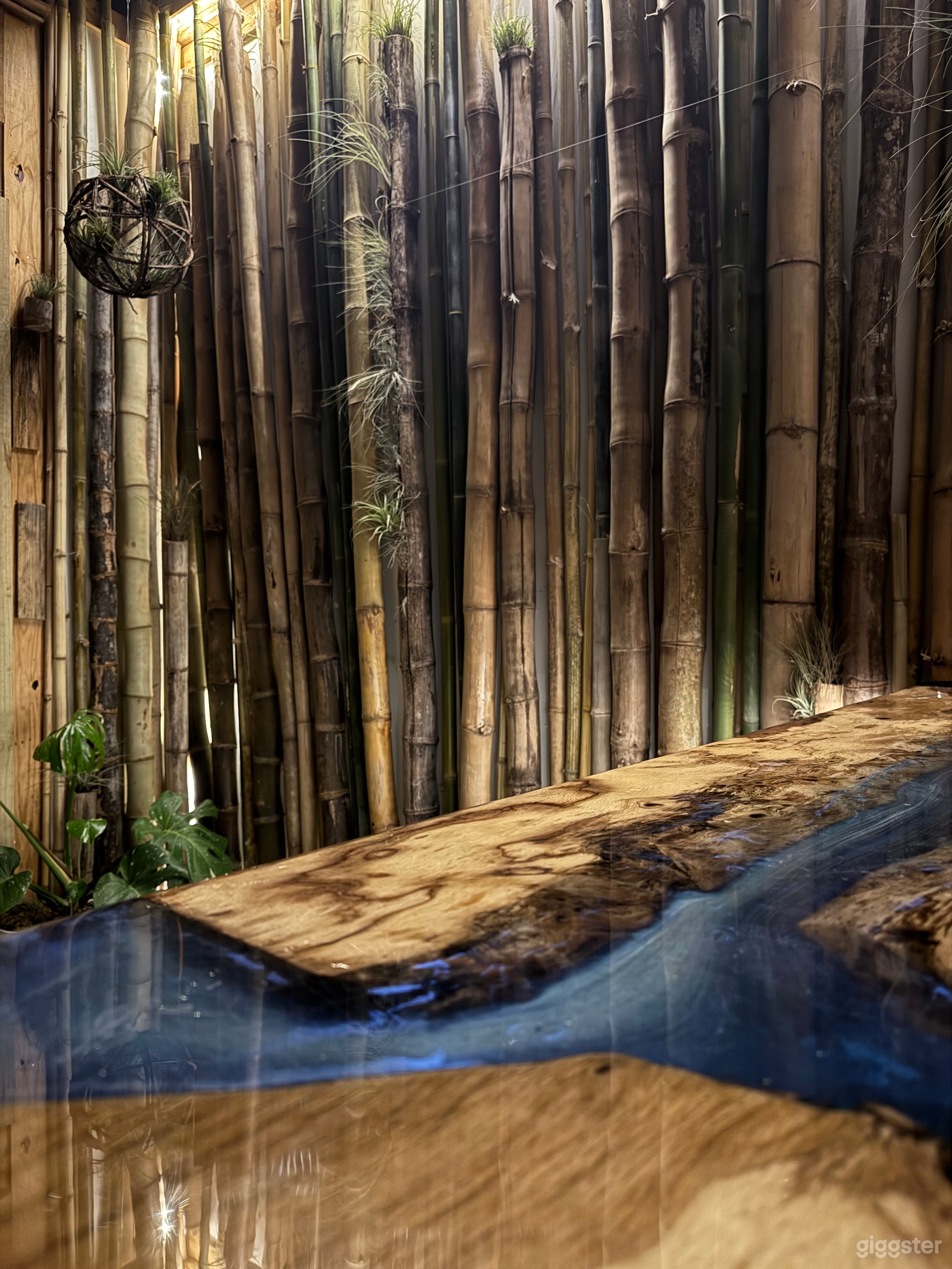 Custom bamboo wall, reception area with epoxy & wood art | Rent this ...