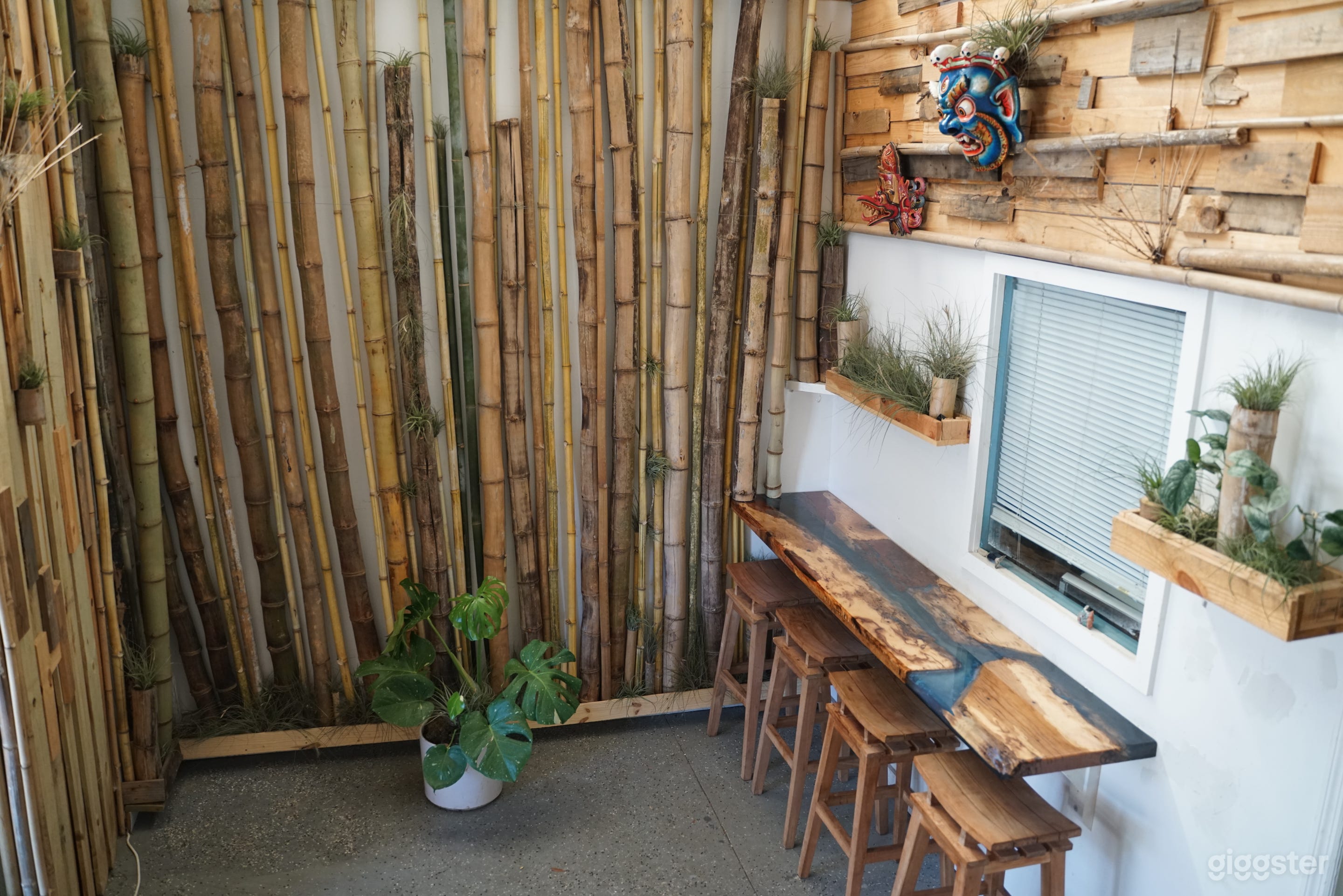 Custom bamboo wall, reception area with epoxy & wood art bar | Rent ...